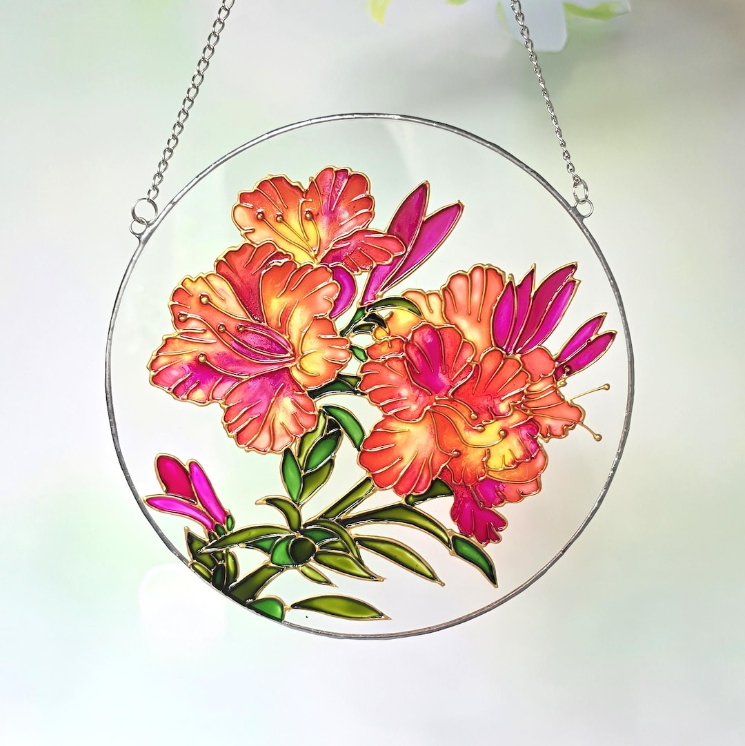 Handmade Azalea Stained Glass Suncatcher: Handpainted Floral Ornament ...