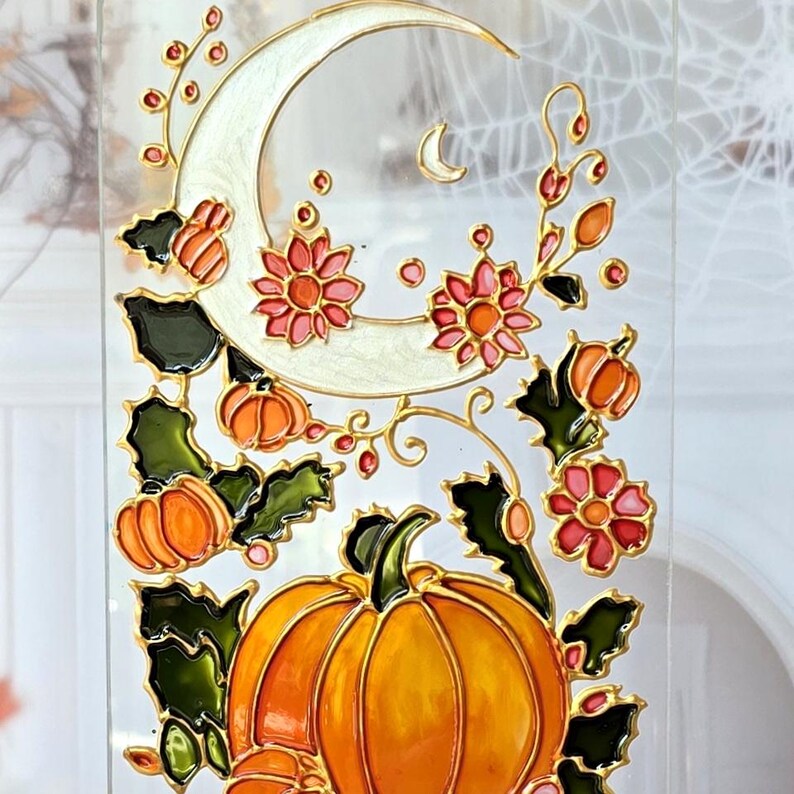 Hand Painted Pumpkin Glass Panel, Autumn Harvest Suncatcher ...