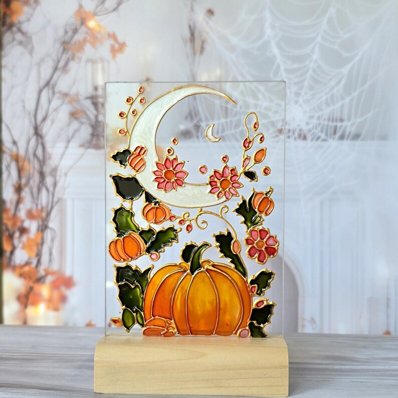 Hand Painted Pumpkin Glass Panel, Autumn Harvest Suncatcher ...