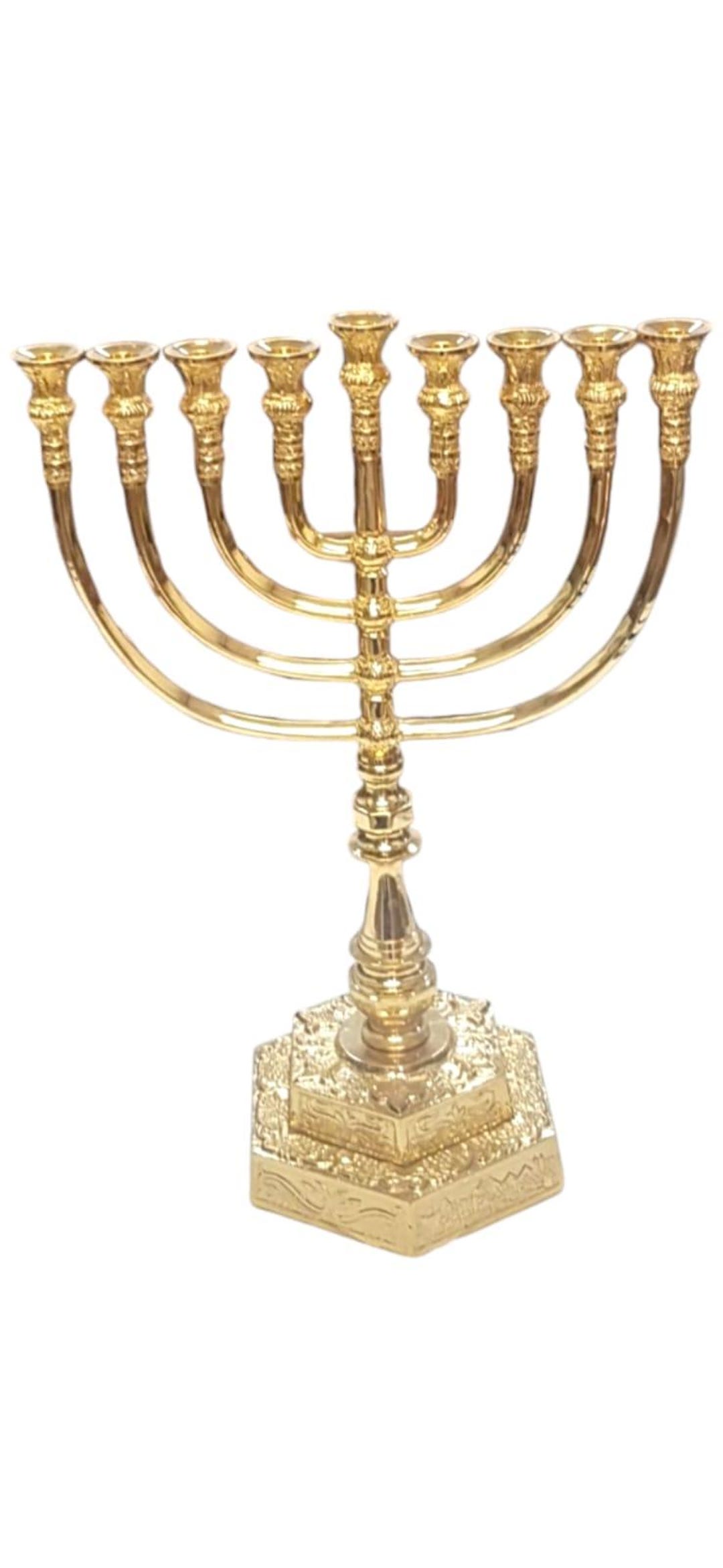 Gold-plated Temple Menorah Replica 7 Branches Jerusalem Design, Jewish ...
