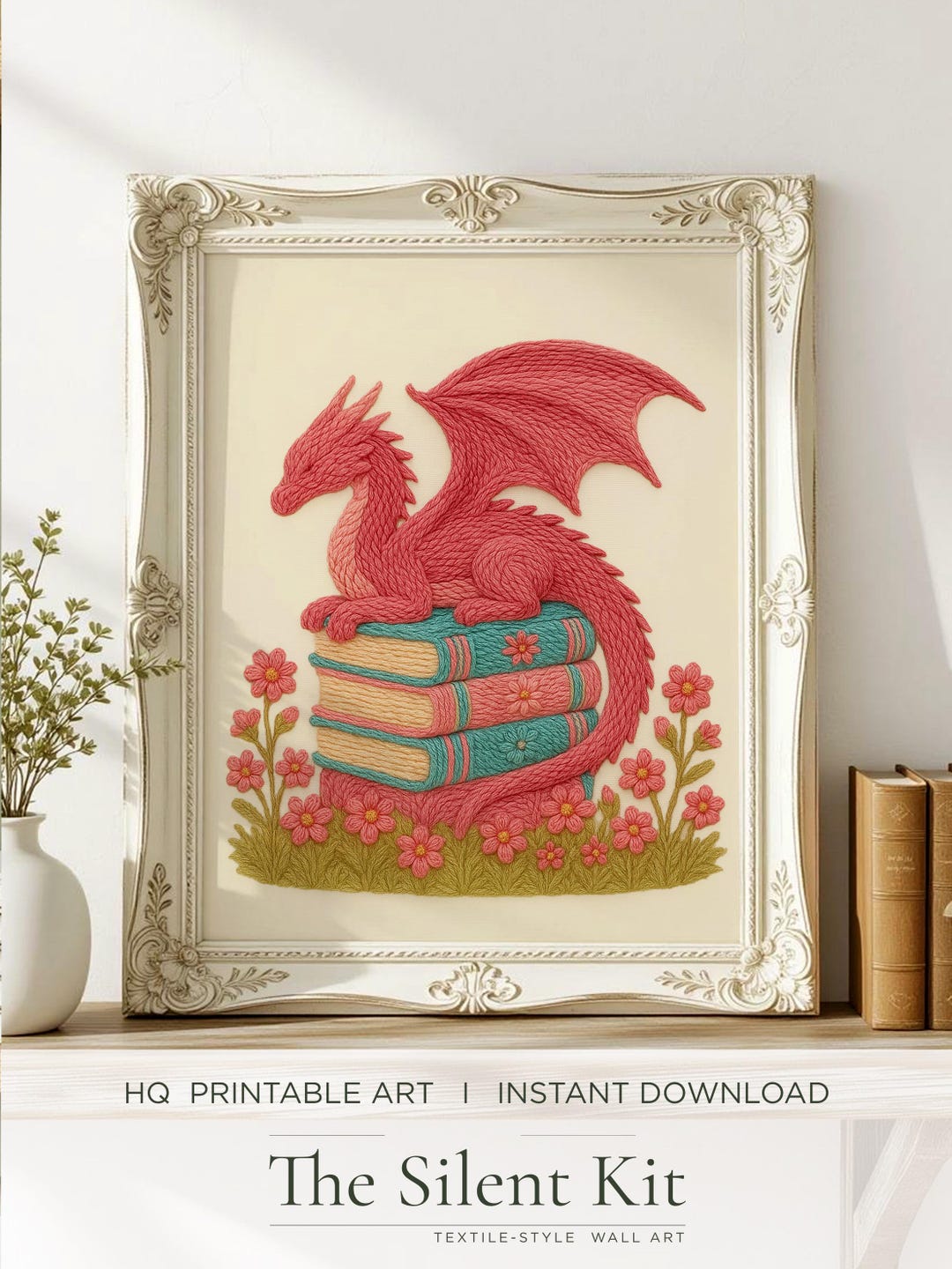 Dragon on Books Art Print, Fantasy Textile Illustration (digital ...