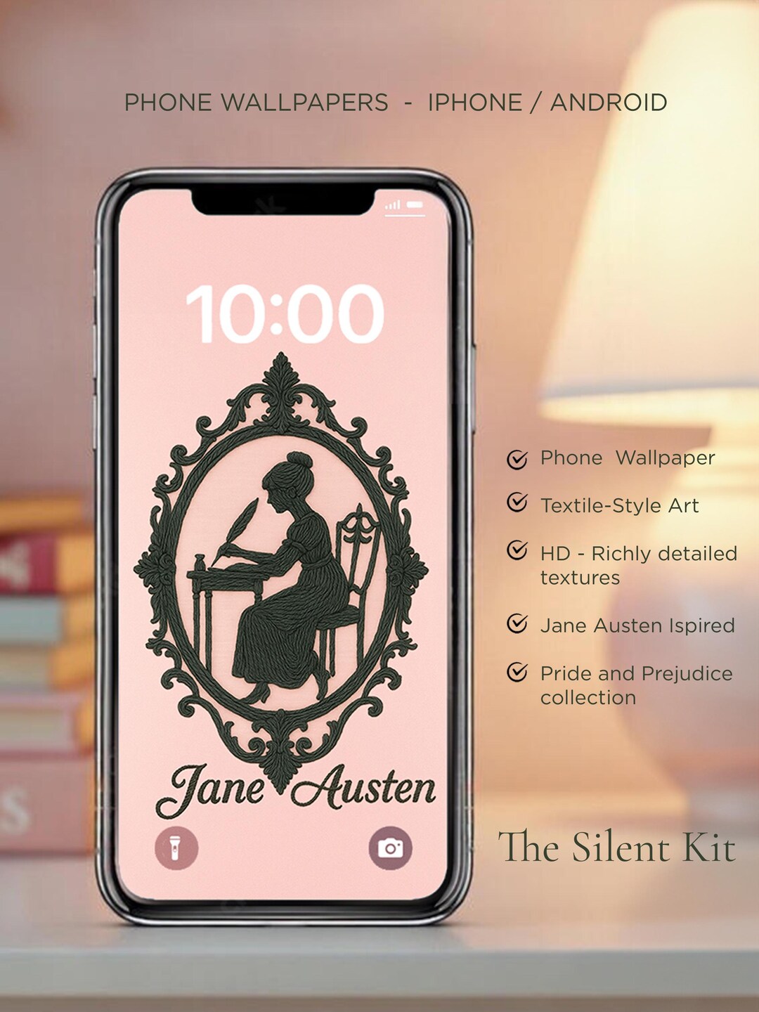 Jane Austen Phone Wallpaper – Embroidery-style Textile Digital ...