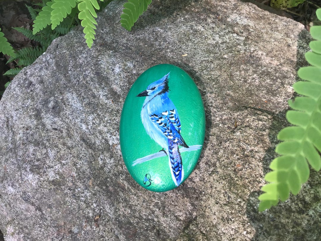 Blue Jay Art on Stone | Painted Garden Rock | Handmade Wildlife Gift ...