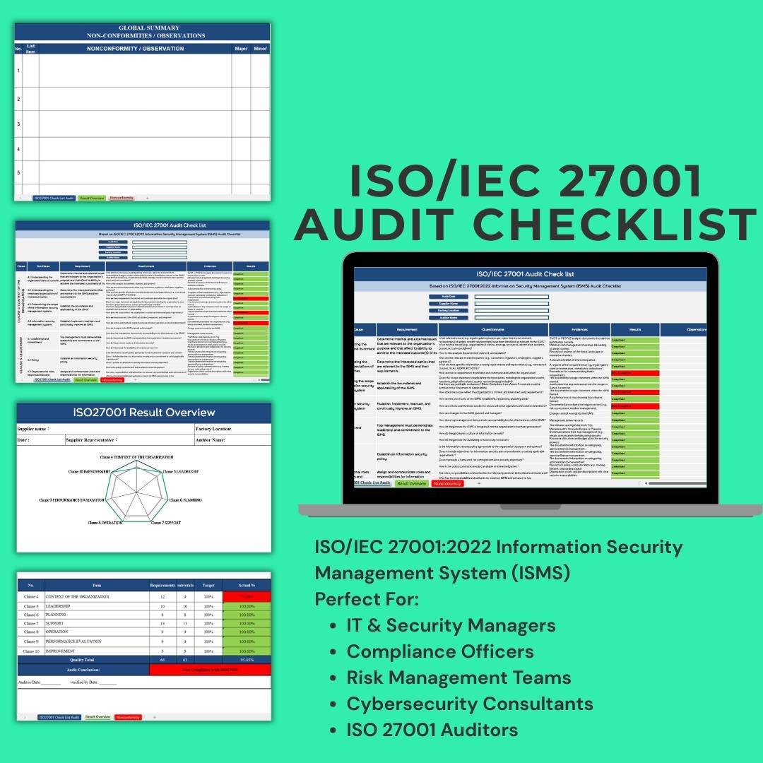 ISO 27001 Audit Checklist Excel | ISMS Compliance Tracker | Editable ...