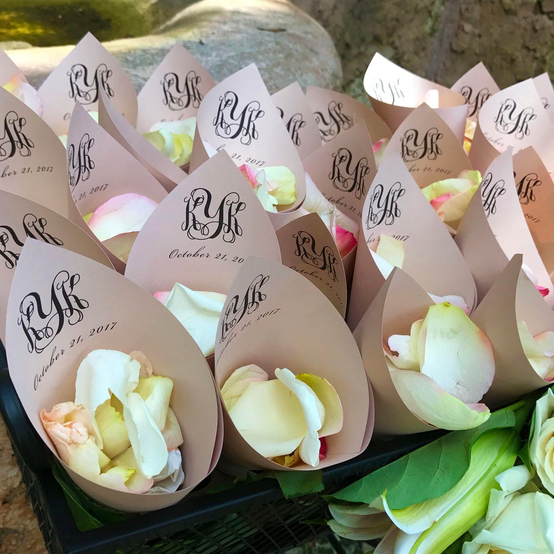 Personalized Wedding Petal Favor Cones shown in Rose Gold - Etsy