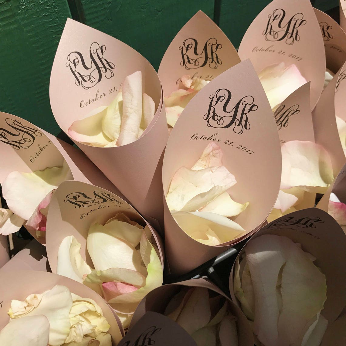 Personalized Wedding Petal Favor Cones shown in Rose Gold - Etsy