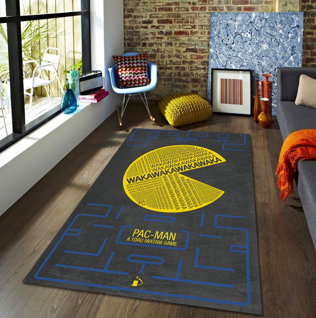 Retro Pac-man Gaming Rug, Arcade Style Gamer Carpet, Yellow and Blue ...