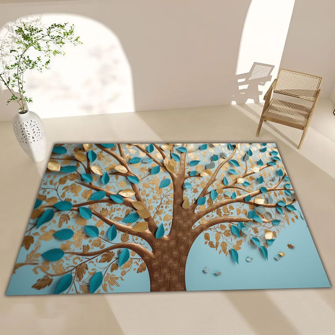 Gold Blue Tree of Life Rug, 3D Leaf Design Area Carpet, Elegant Nature ...