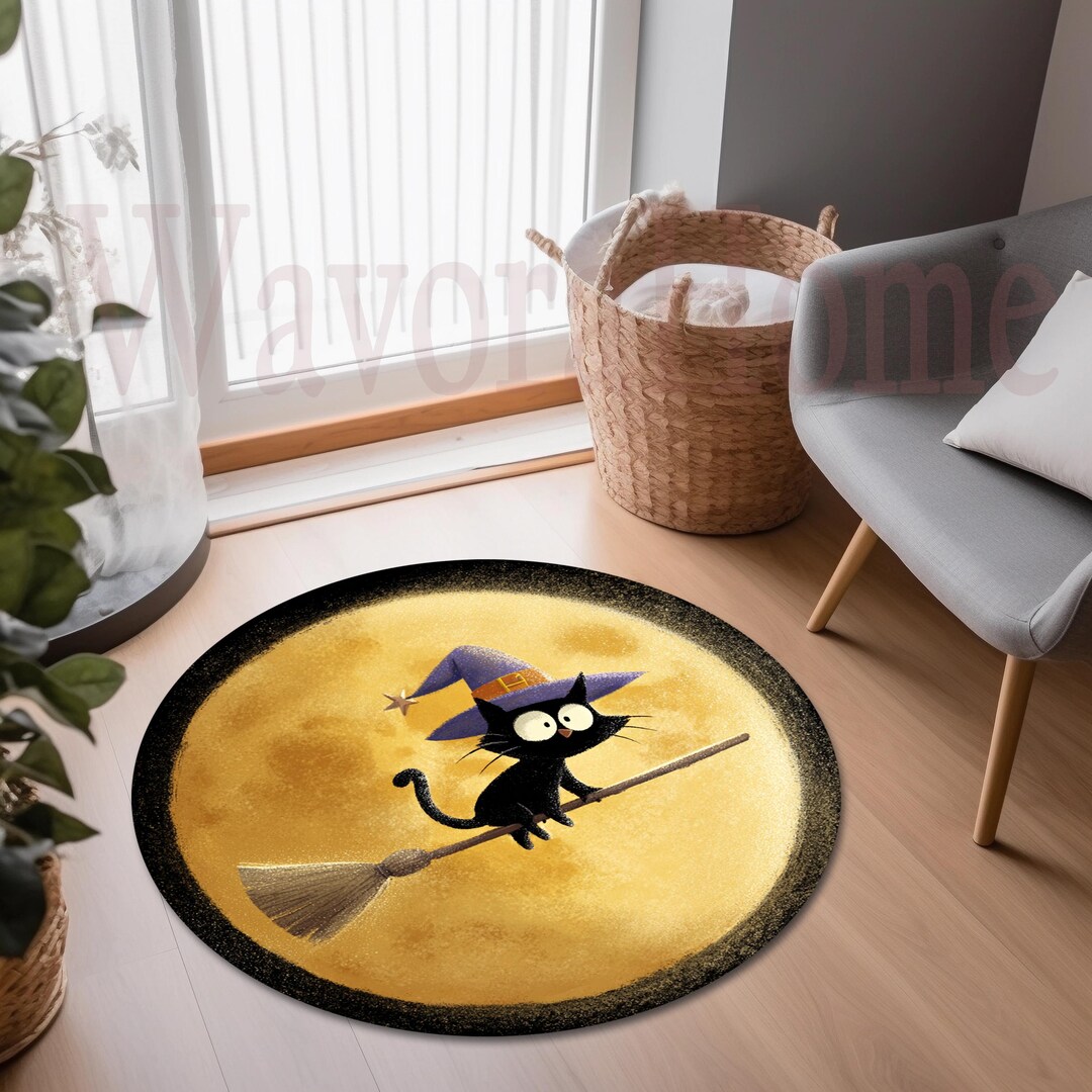 Black Cat Round Rug, Witch Cat Bathroom Mat, Full Moon Cartoon Carpet ...