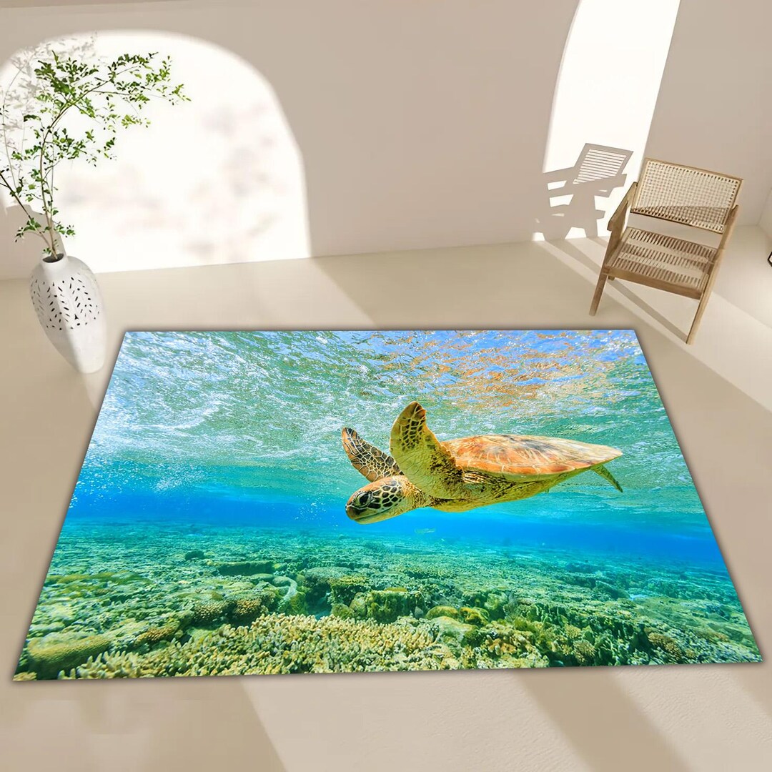 Sea Turtle Ocean Rug, Underwater Coral Floor Mat, Marine Life Decor ...