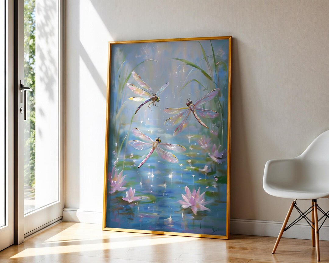 Pastel Dragonfly Pond Art Print, Whimsical Water Lily Wall Art ...