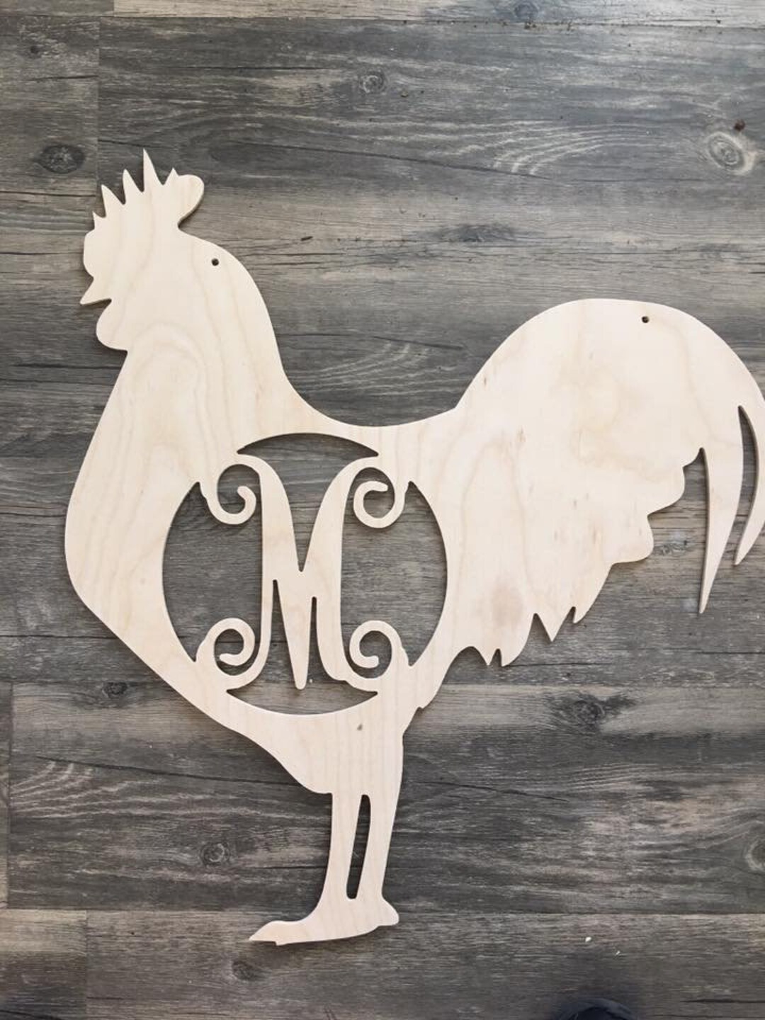 Rooster With Initial Door Hanger - Door Hanger With Rails - Wood Sign ...