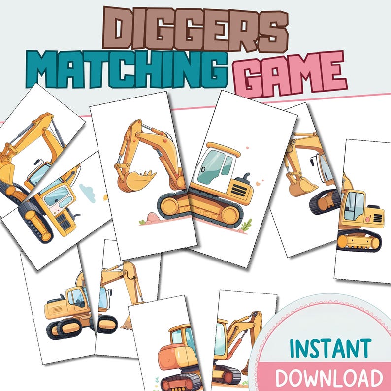 Diggers Matching Game for Kids, Excavators Kindergarten Activity ...