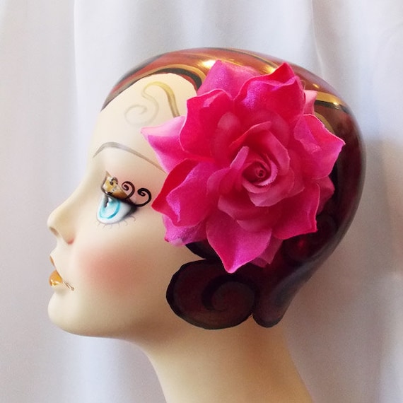 Items similar to Rockabilly Hot Pink Fancy Bridal Pin Up Rose by VDM on ...