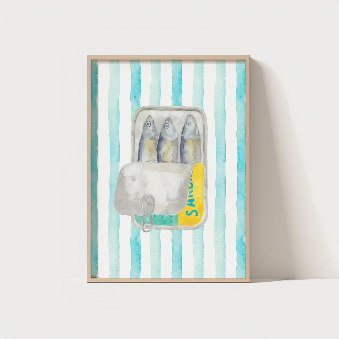 Blue Tinned Fish Print: Vintage Sardines Watercolor Art - Etsy