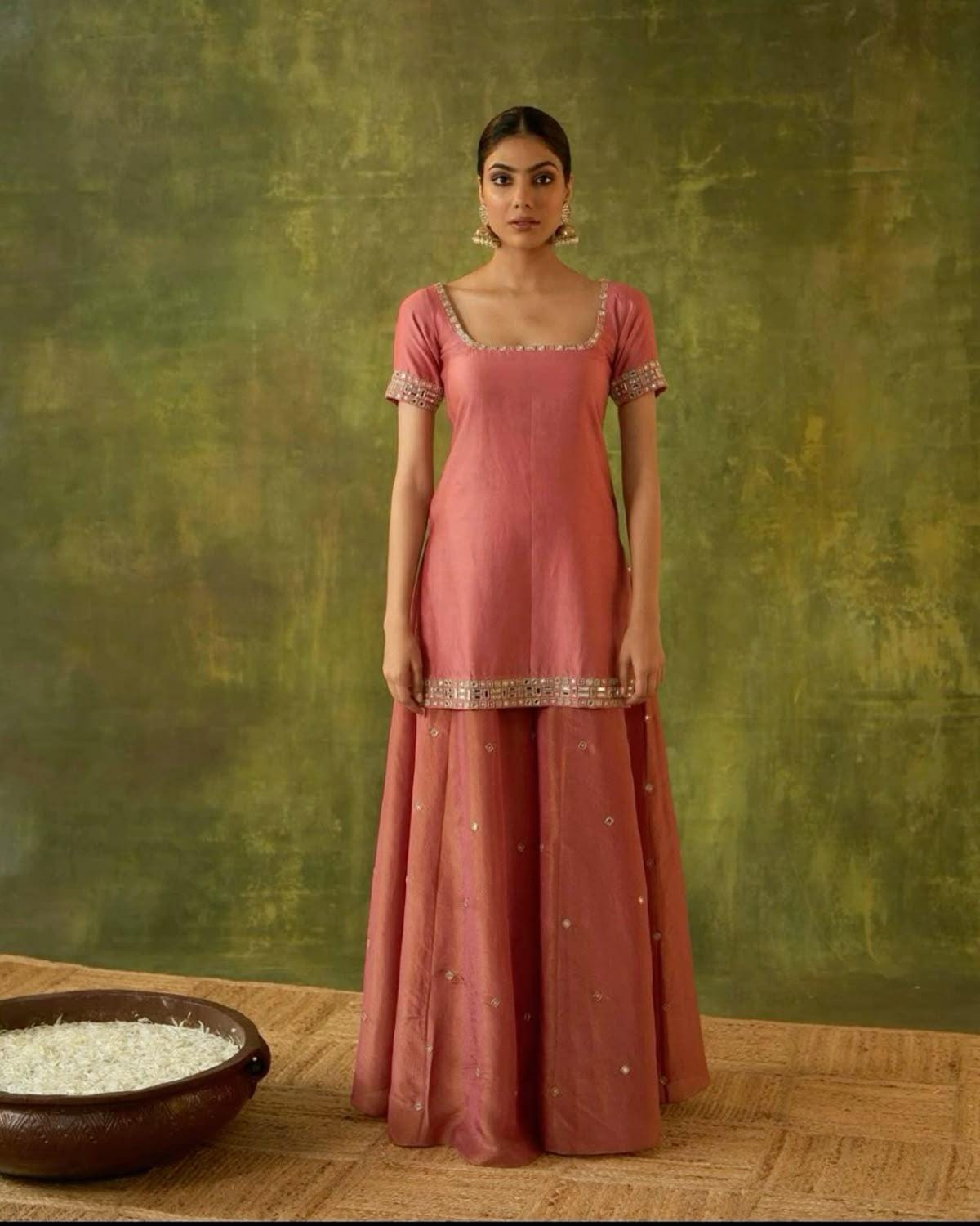 Dusty Rose Mirror Work Sharara Set – Indian Wedding Guest Outfit ...