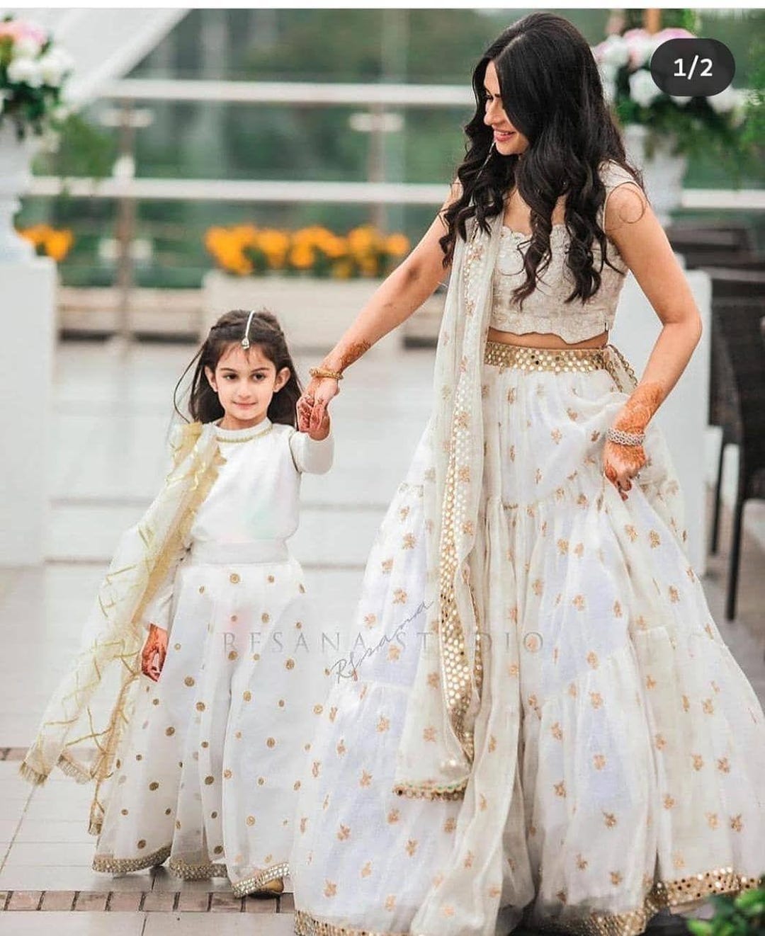 Designer White Gold Mother Daughter Matching Lehenga Choli Set Wedding ...