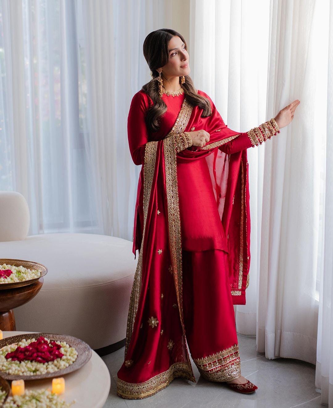 Elegant Red Farsi Salwar Kameez Suit – Embroidered Dupatta, Festive ...