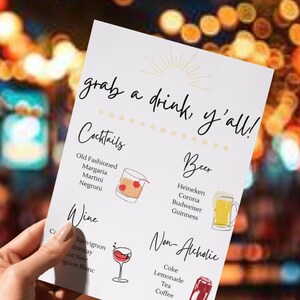 Wedding or Party Bar Drinks Menu Sign Template, Cursive Southern Style ...