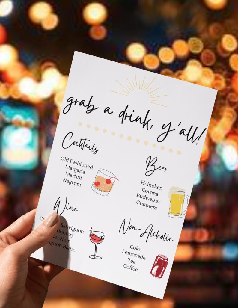 Wedding or Party Bar Drinks Menu Sign Template, Cursive Southern Style ...