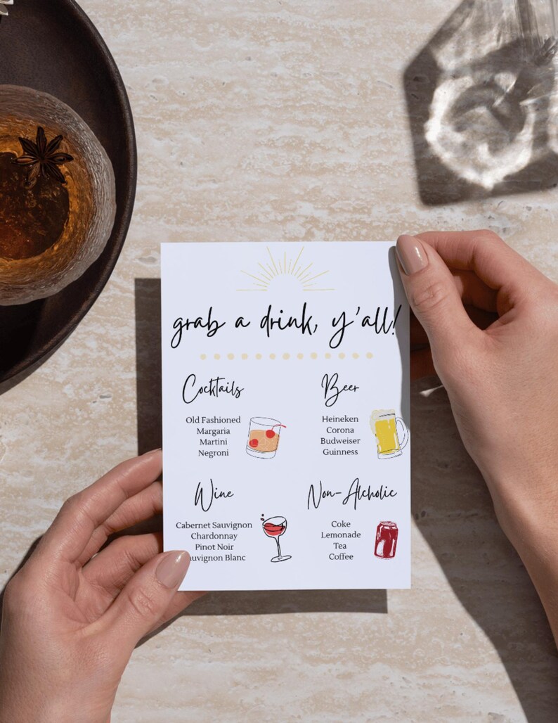 Wedding or Party Bar Drinks Menu Sign Template, Cursive Southern Style ...