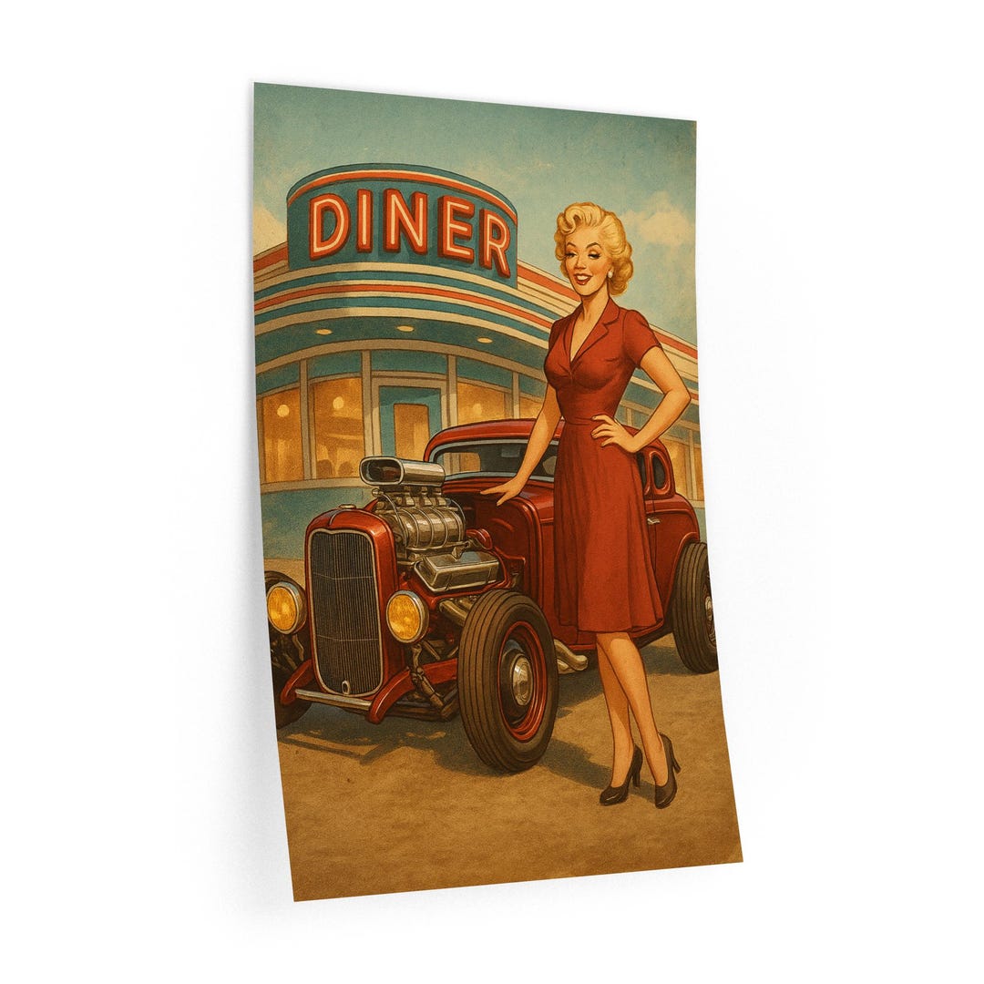 Retro Diner Wall Decals - Vintage Car & Glamorous Girl Art, Home Decor ...