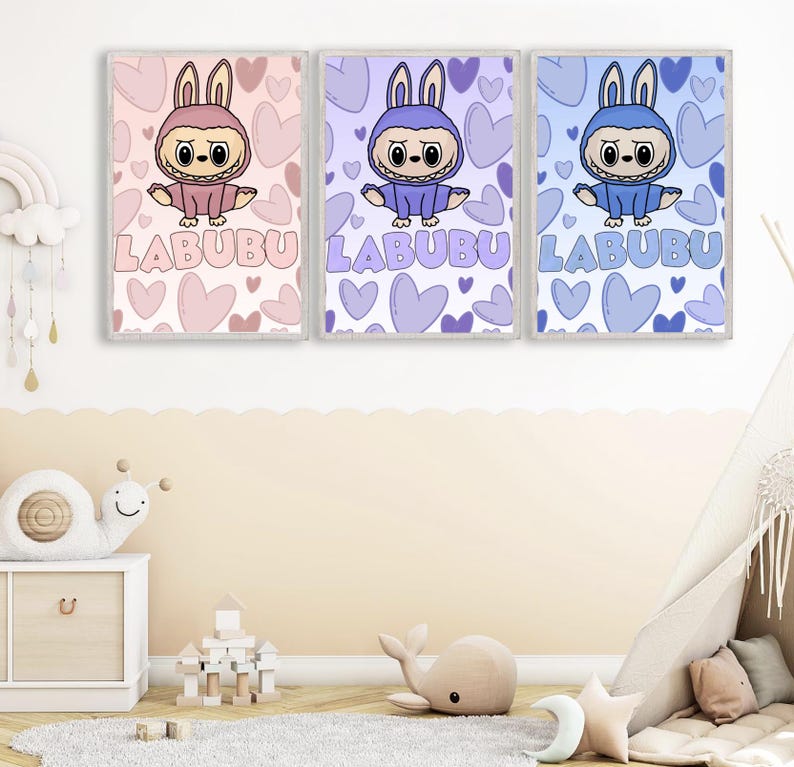 Pink, Purple and Blue Heart Labubu Poster, Modern, Perfect for Bedroom ...