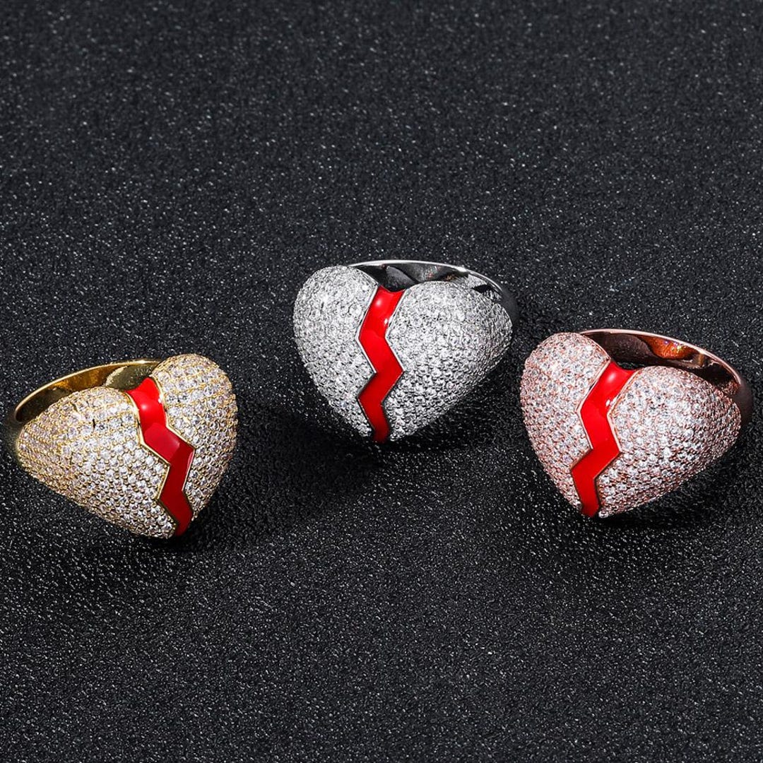 Iced Out CZ Diamond Broken Heart Ring, Custom Hip Hop Style Trendy ...