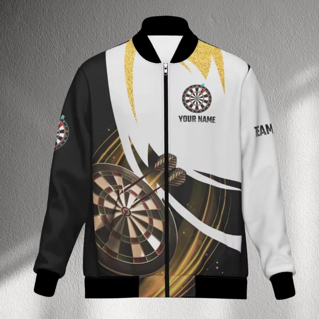 Custom Darts Bomber Jacket – Black White Gold Dartboard Graphic, Your ...