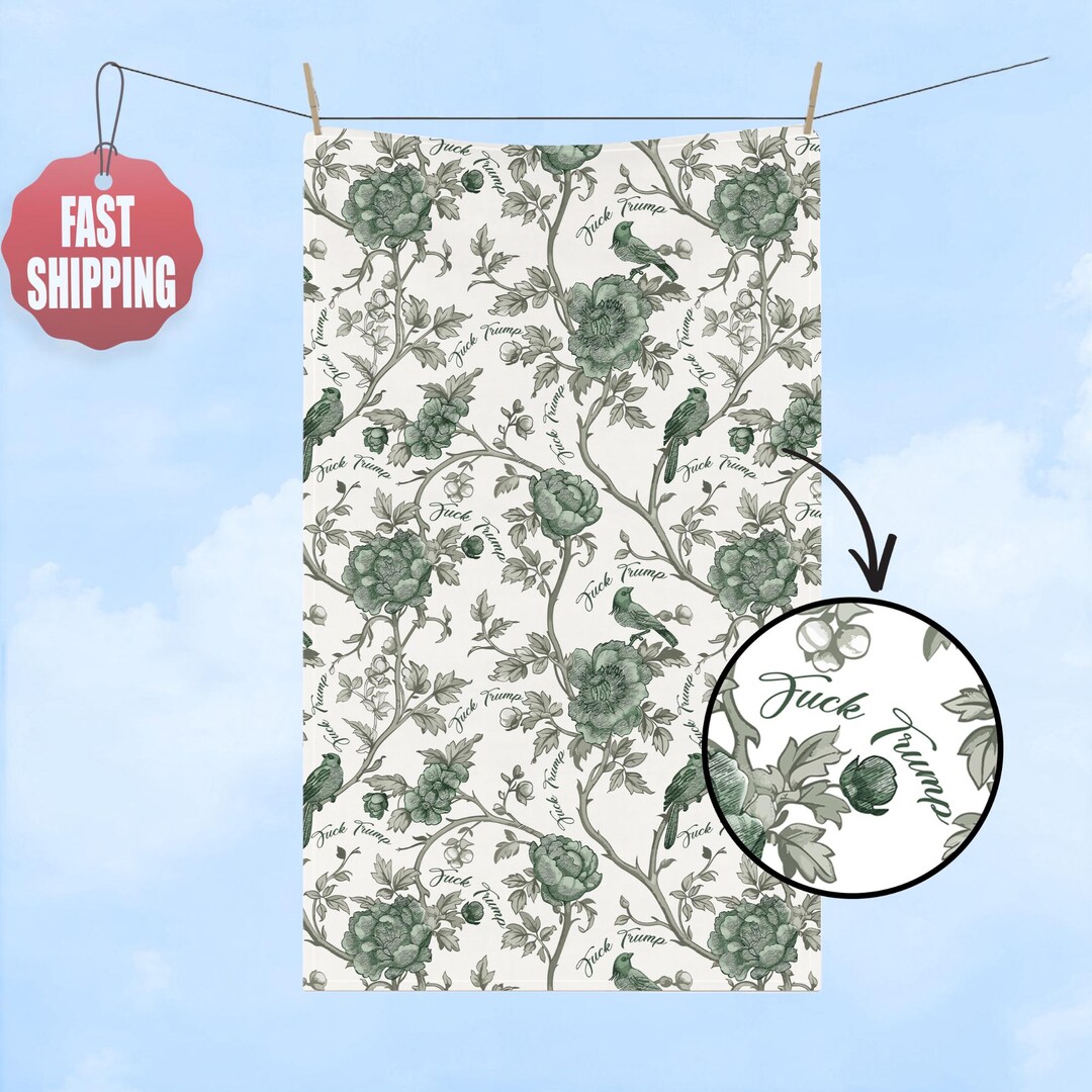 Subtle F*ck Trump Chinoiserie Dish Towel, Toile Kitchen Towel, Anti ...