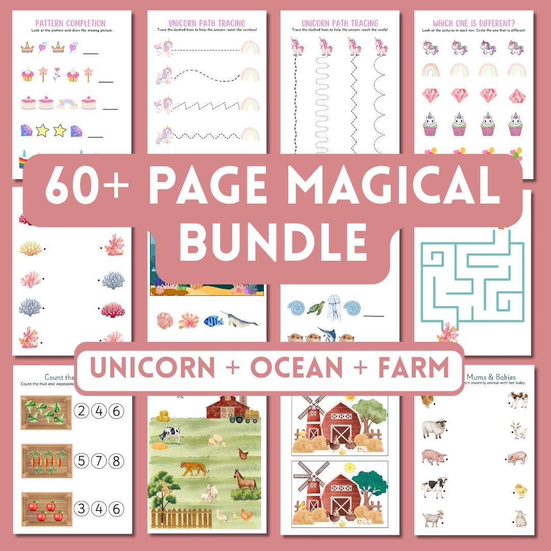 Unicorn Farm Ocean Activity Pack Bundle, Toddler Learning Binder ...