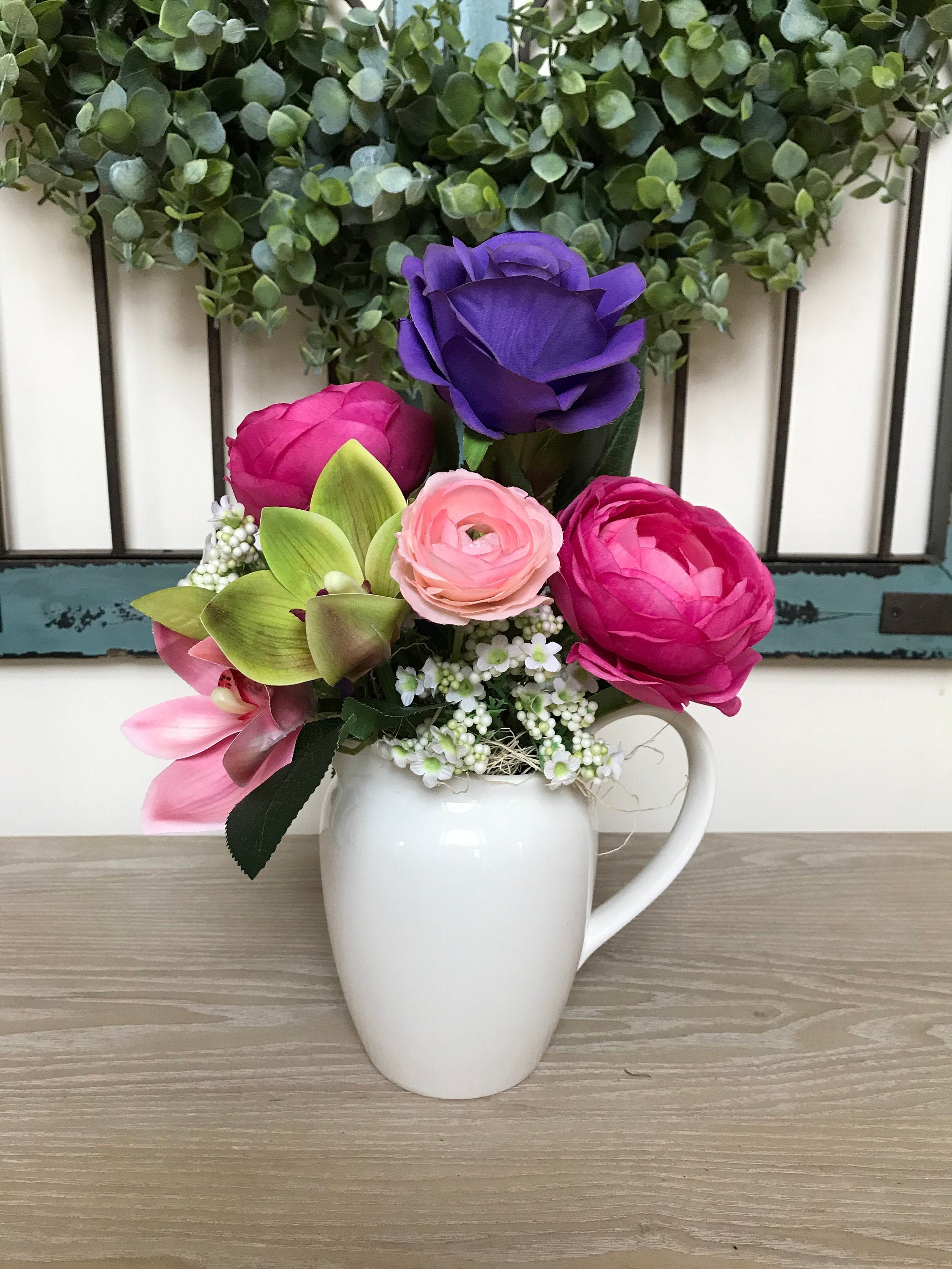 White Pitcher Floral Arrangement, Centerpiece, Ceramic Pitcher, Bright ...