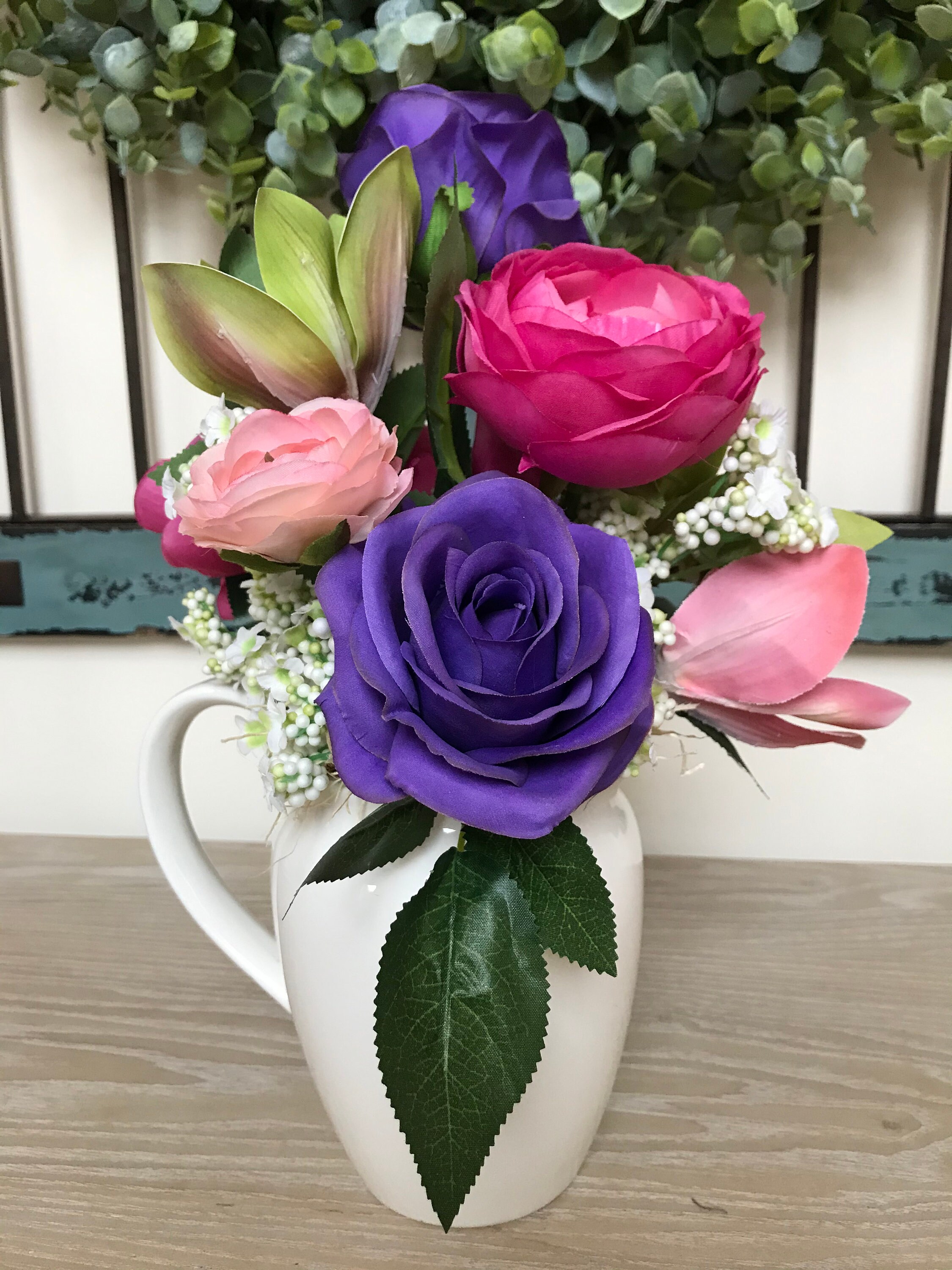 White Pitcher Floral Arrangement, Centerpiece, Ceramic Pitcher, Bright ...