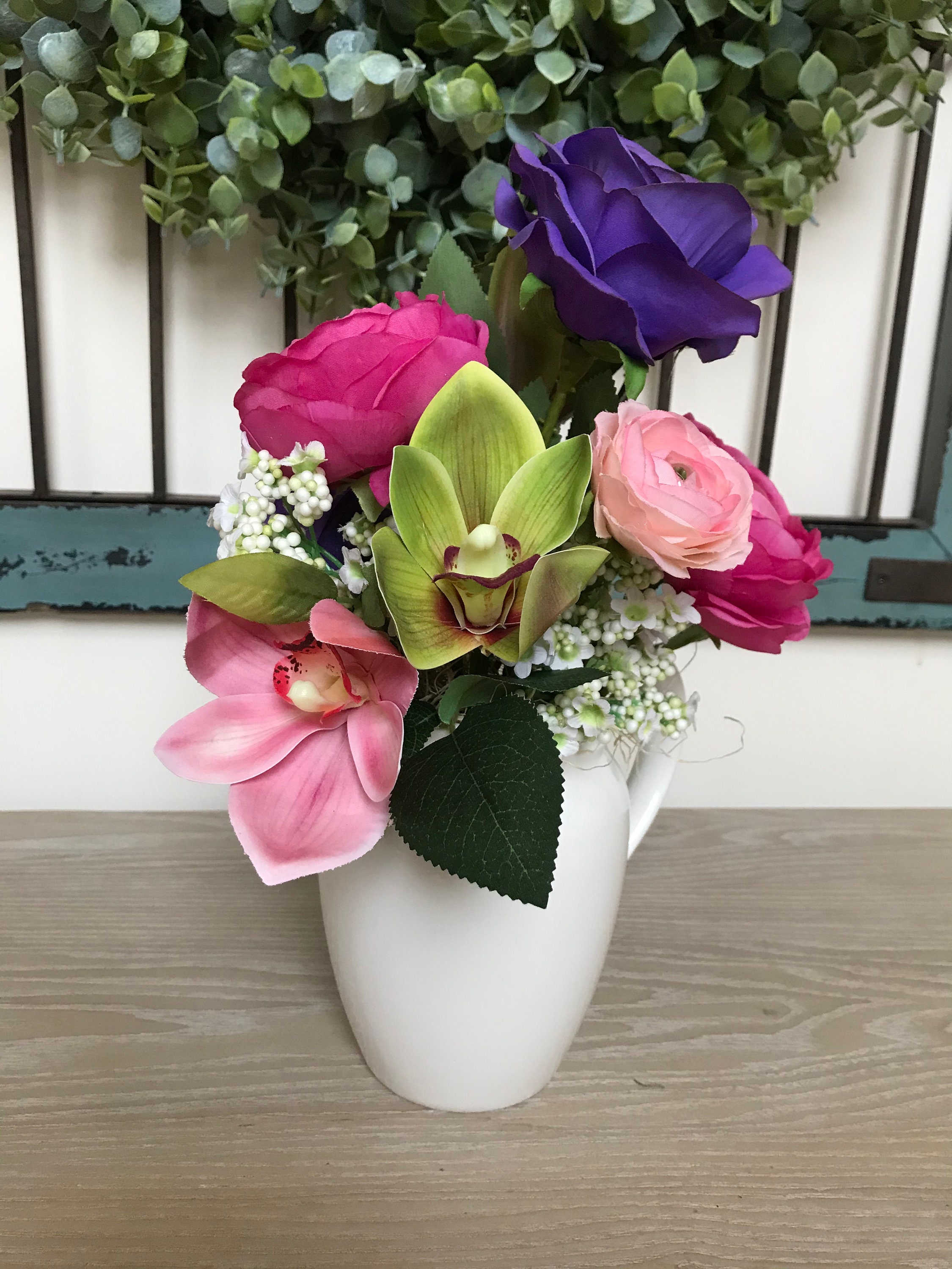 White Pitcher Floral Arrangement, Centerpiece, Ceramic Pitcher, Bright ...