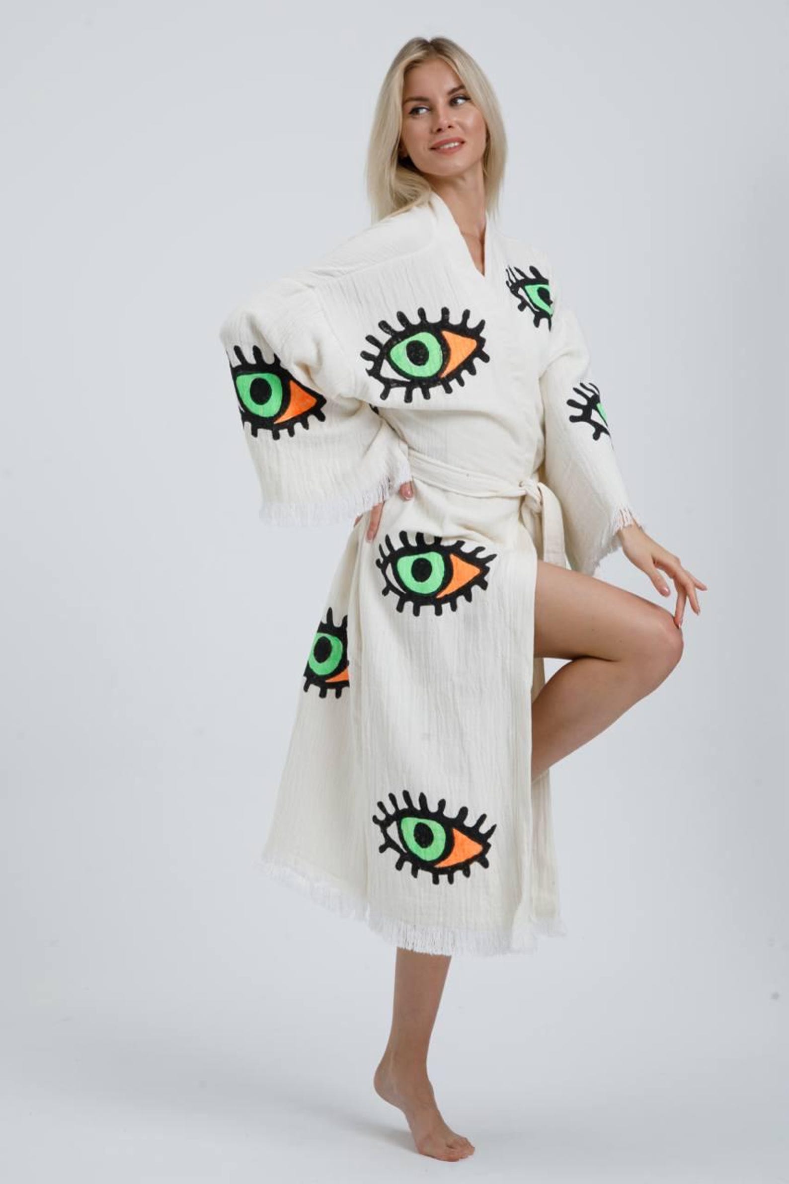 Evil Eye Kimono Robe, Boho Festival Kimono, Cotton Muslin Kimono Robe ...