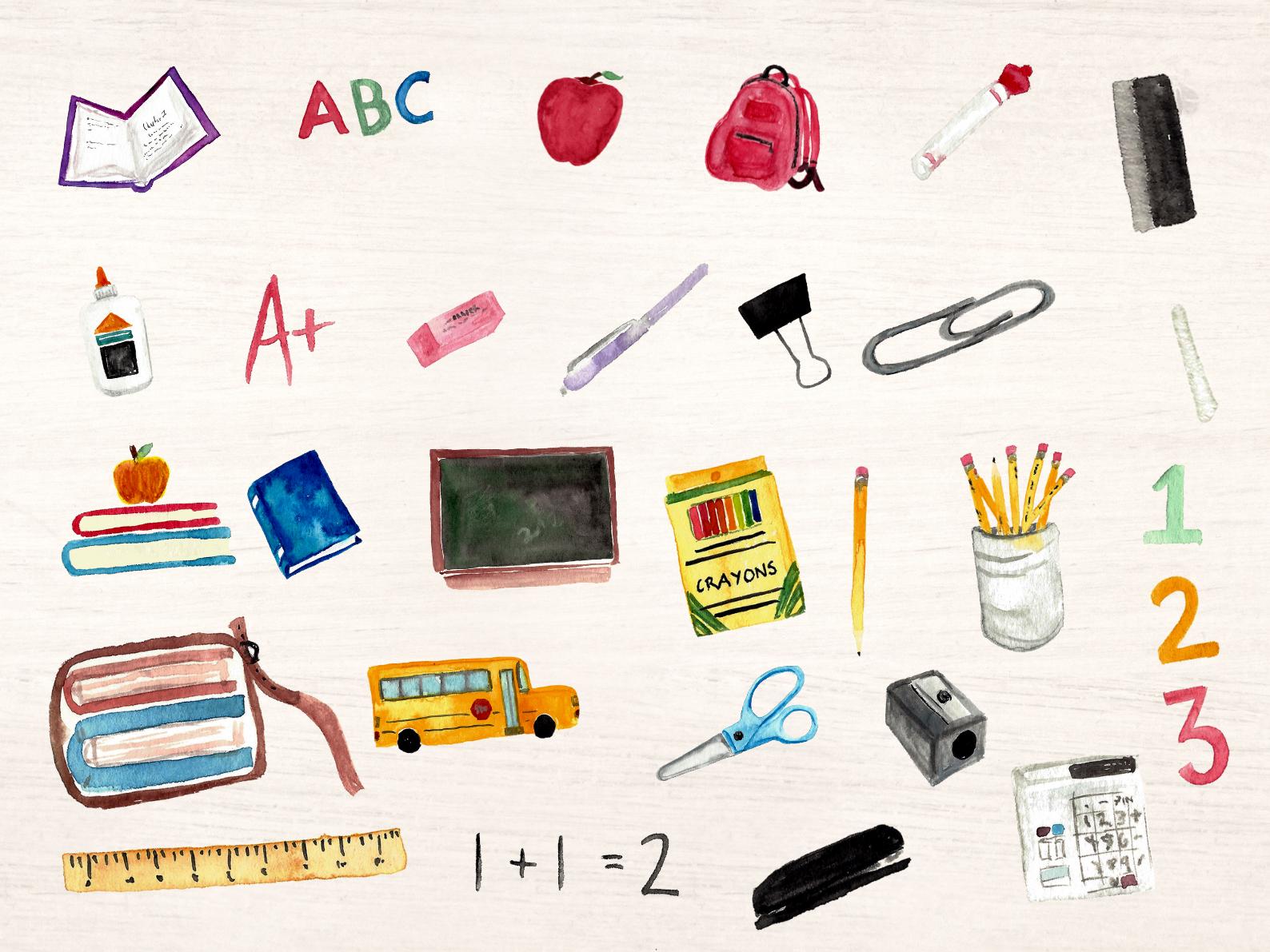 Watercolor School Clipart Set: Hand-painted PNG Graphics (digital ...