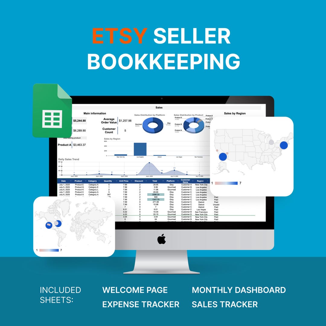 Etsy Seller Bookkeeping Spreadsheet | Sales & Expense Tracker (google ...