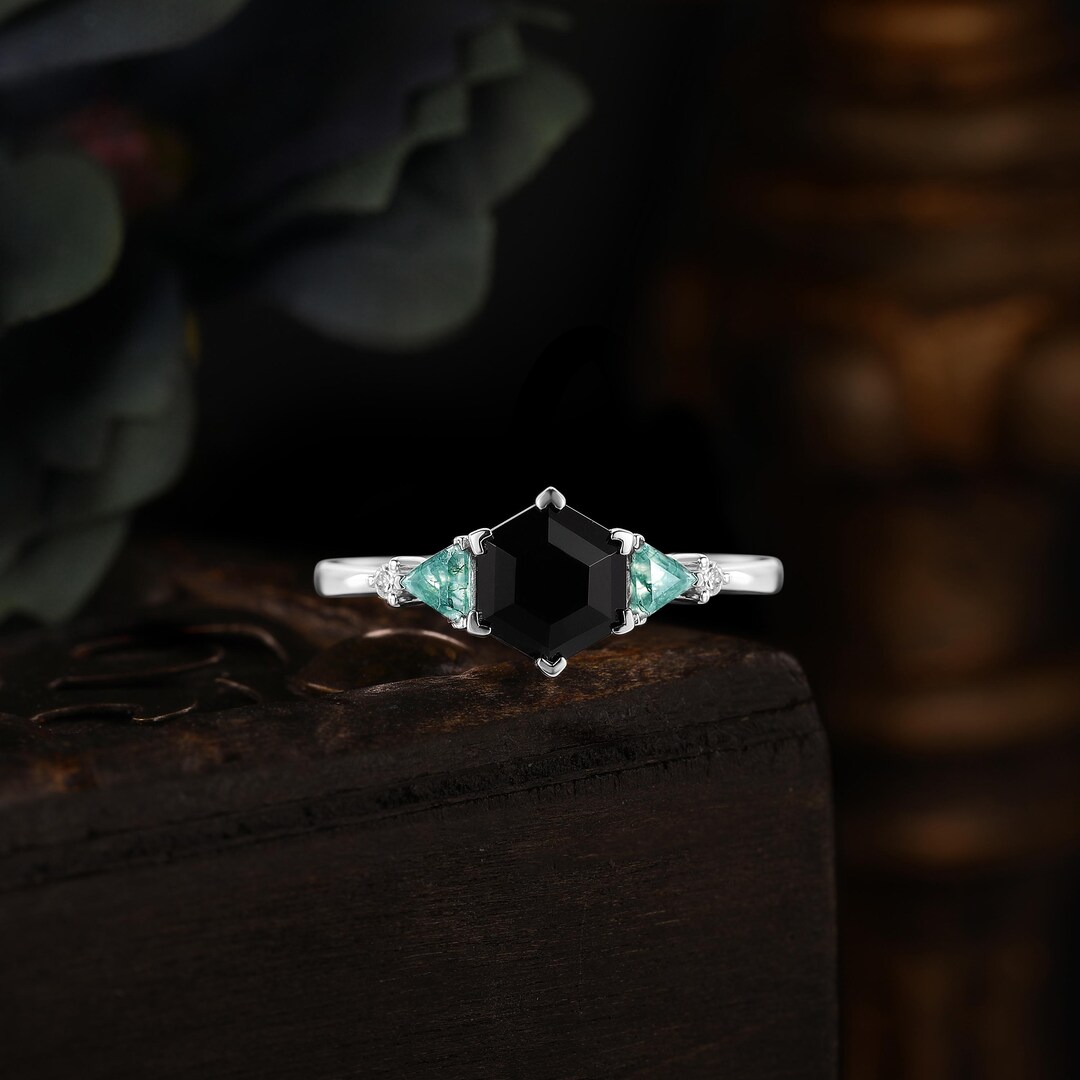 Hexagon Cut Black Onyx Engagement Ring White Gold Triangle Cut Art Deco ...
