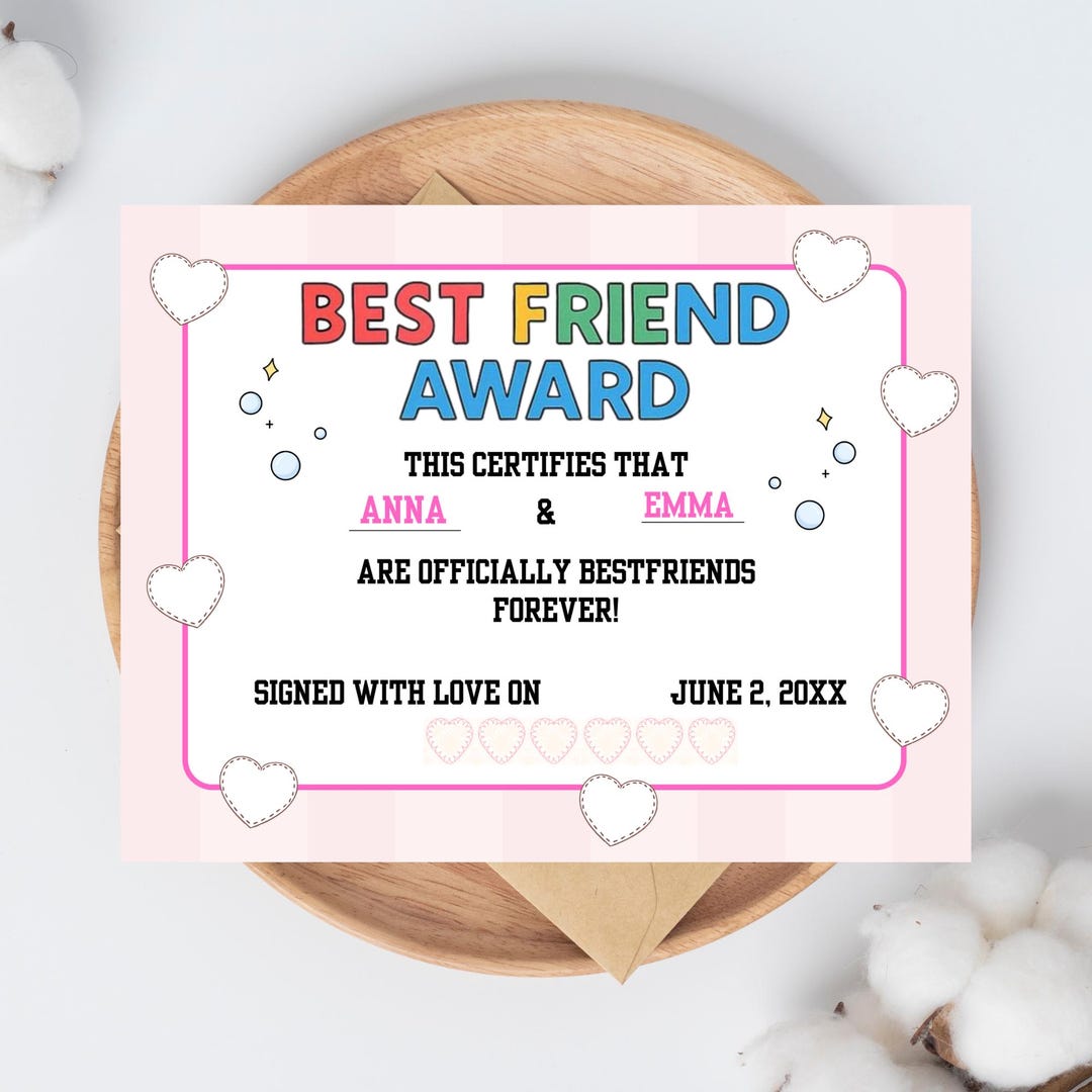 Editable Best Friend Forever Certificate Template, Personalized Gift ...