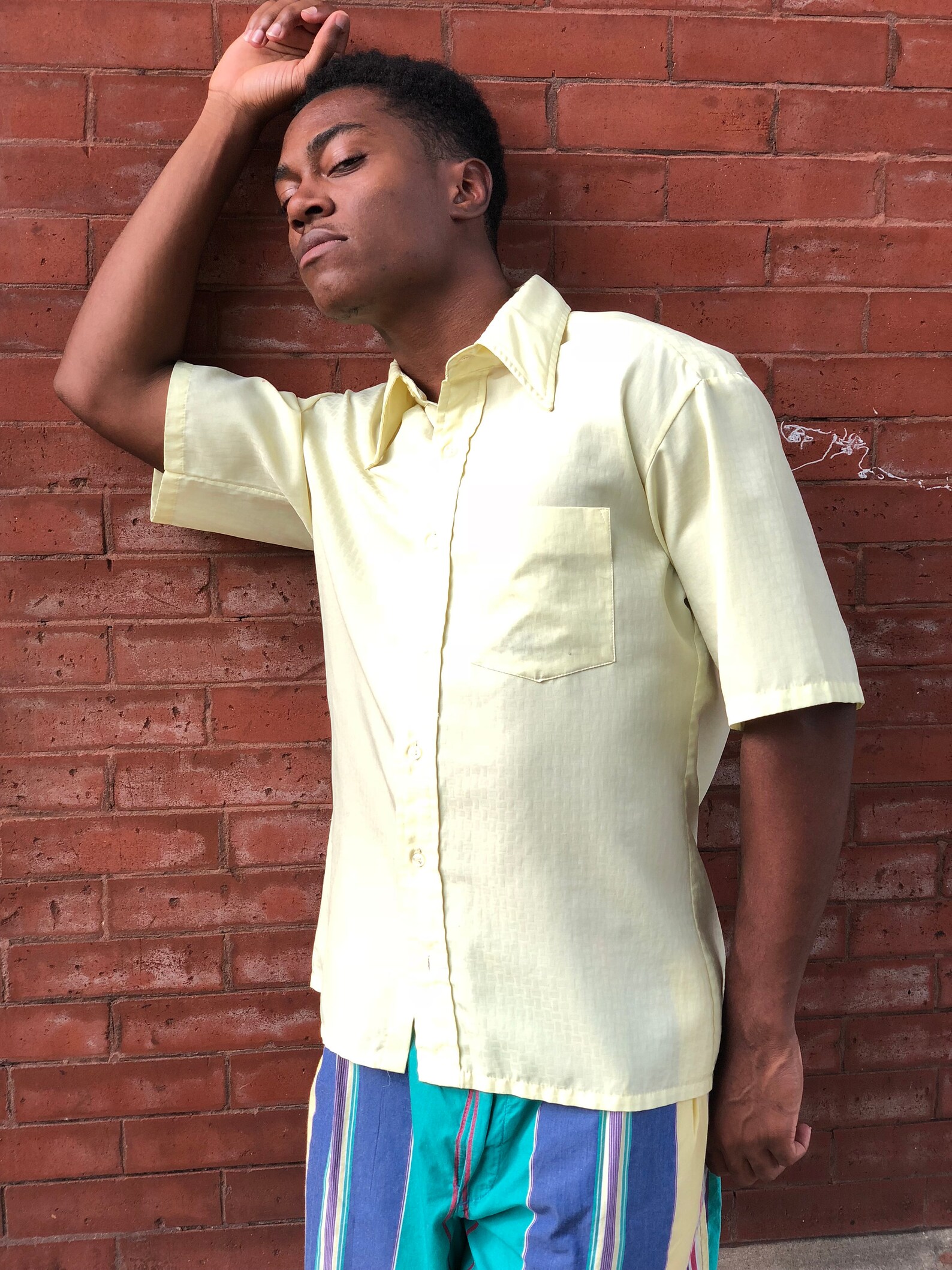 Vintage 1980's Pastel Yellow Button up Shirt With Subtle Geometric ...