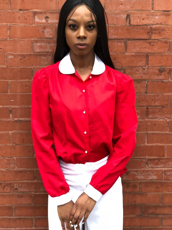 Vintage 1970's Red Button Down Shirt with White Colla… - Gem