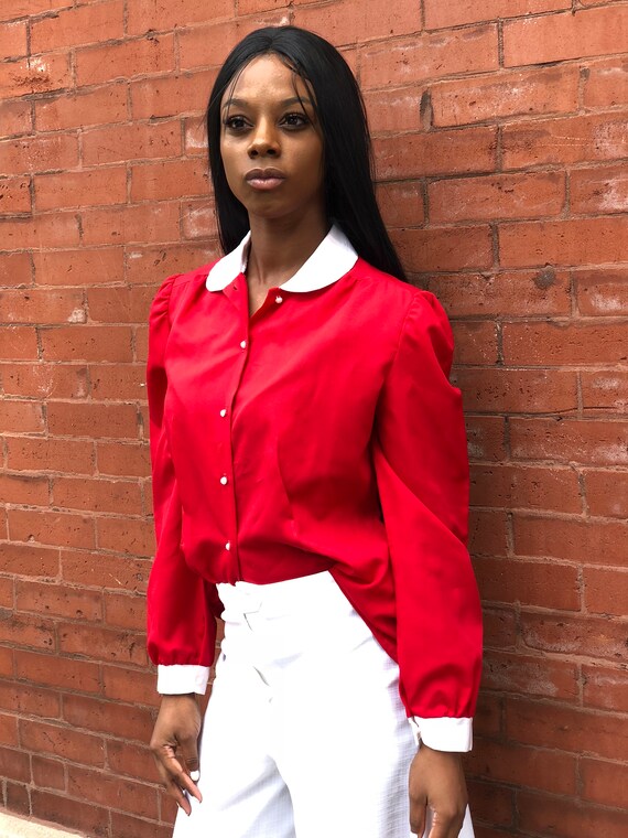 Vintage 1970's Red Button Down Shirt with White Colla… - Gem