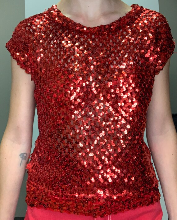 80's Toppettes Red Sequin Net Shirt - Gem