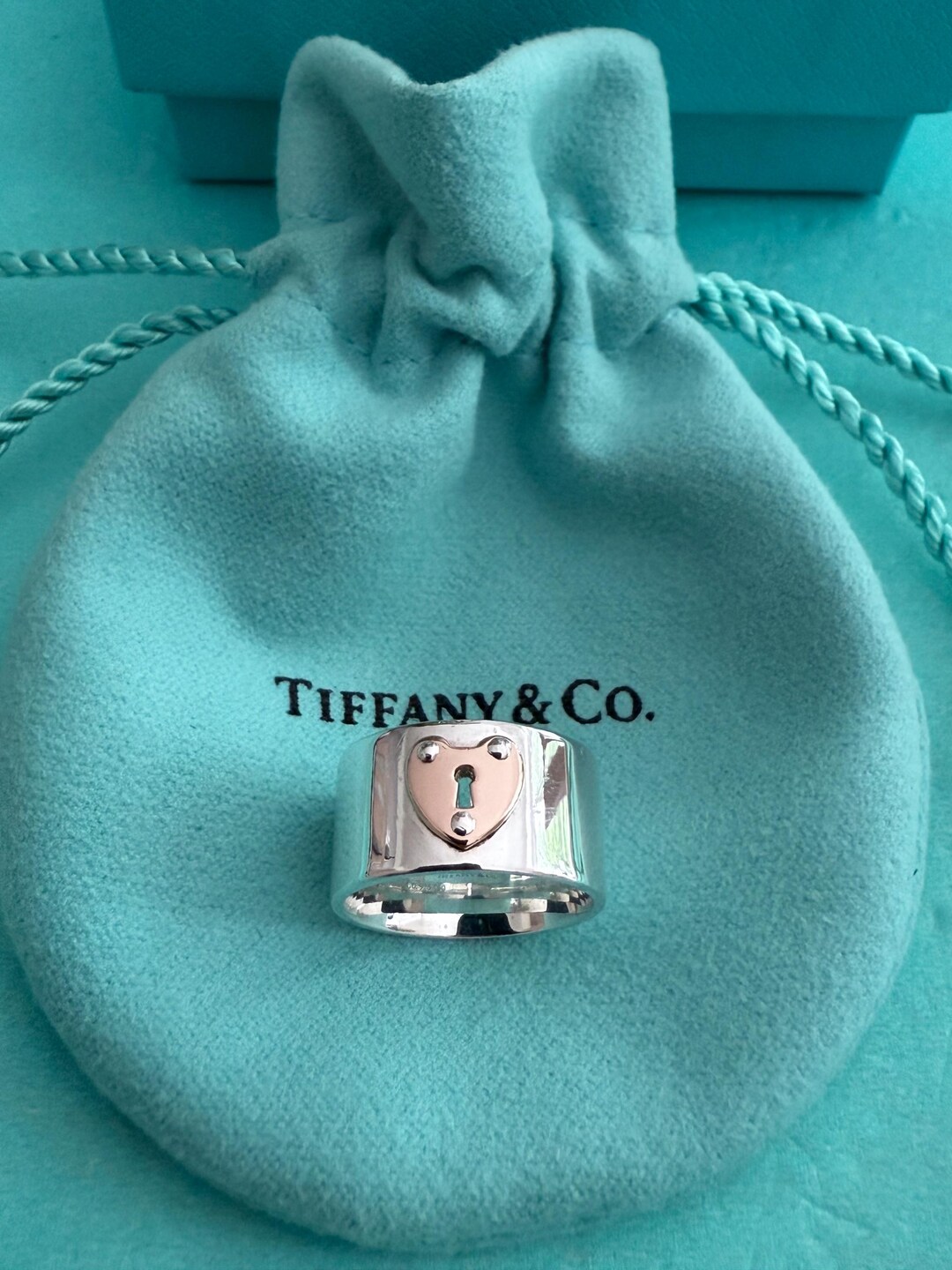 Tiffany & Co Sterling Silver and 18k Gold Heart Lock Wide Ring Size H 1 ...