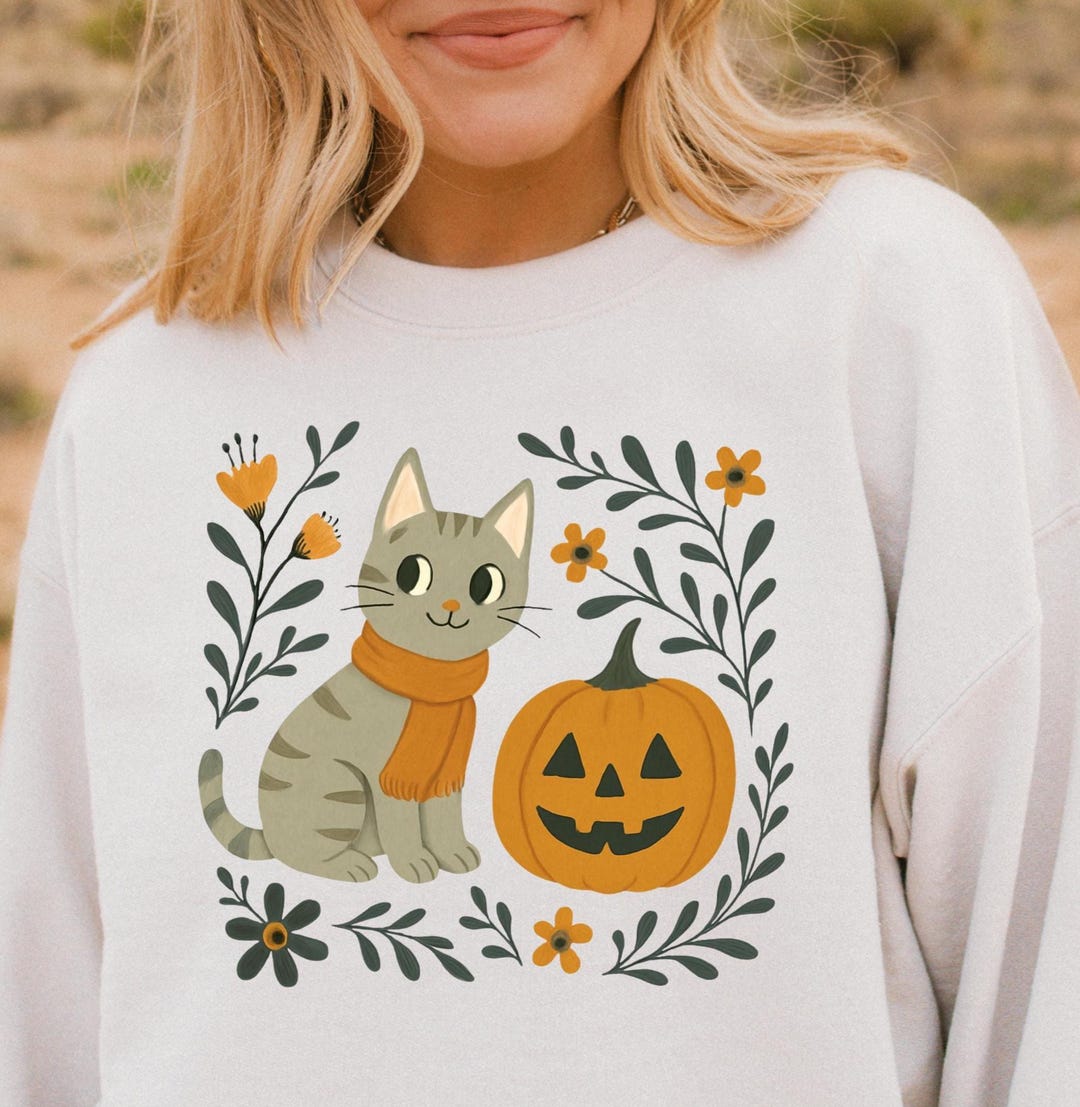 Cozy Fall Cat Sweatshirt: Halloween Pumpkin Floral Crewneck - Etsy
