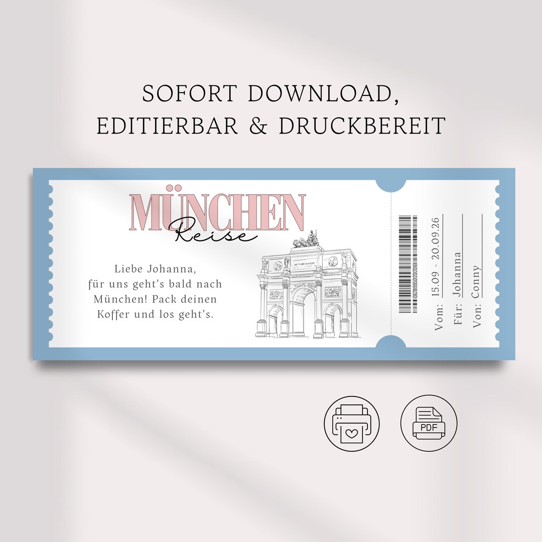 Munich Travel Voucher Ticket Template, Personalizable Printable Gift ...