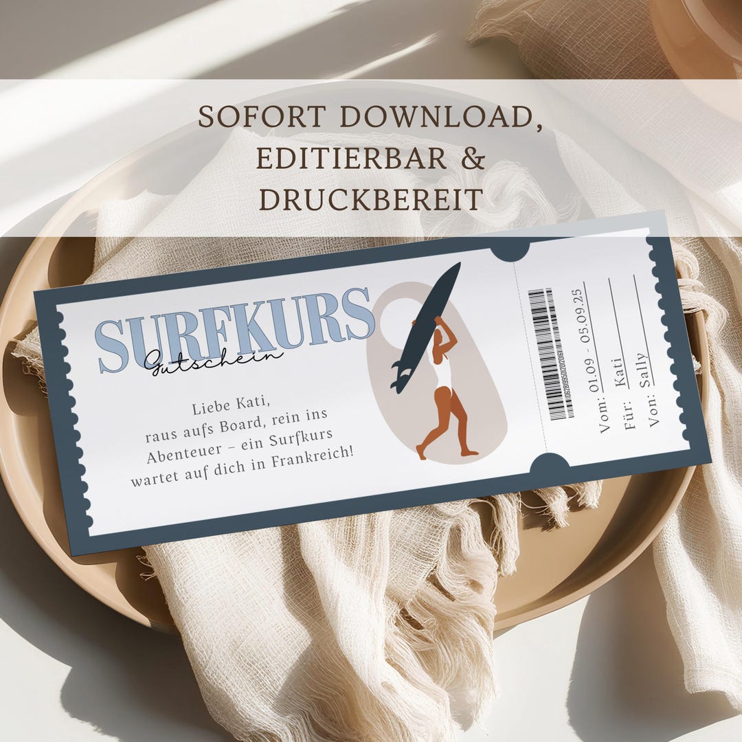 Surf Course Voucher Ticket Template, Personalizable Printable Gift ...