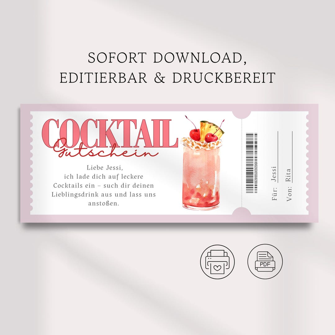 Cocktail Voucher Ticket Template, Personalizable Printable Gift Voucher ...