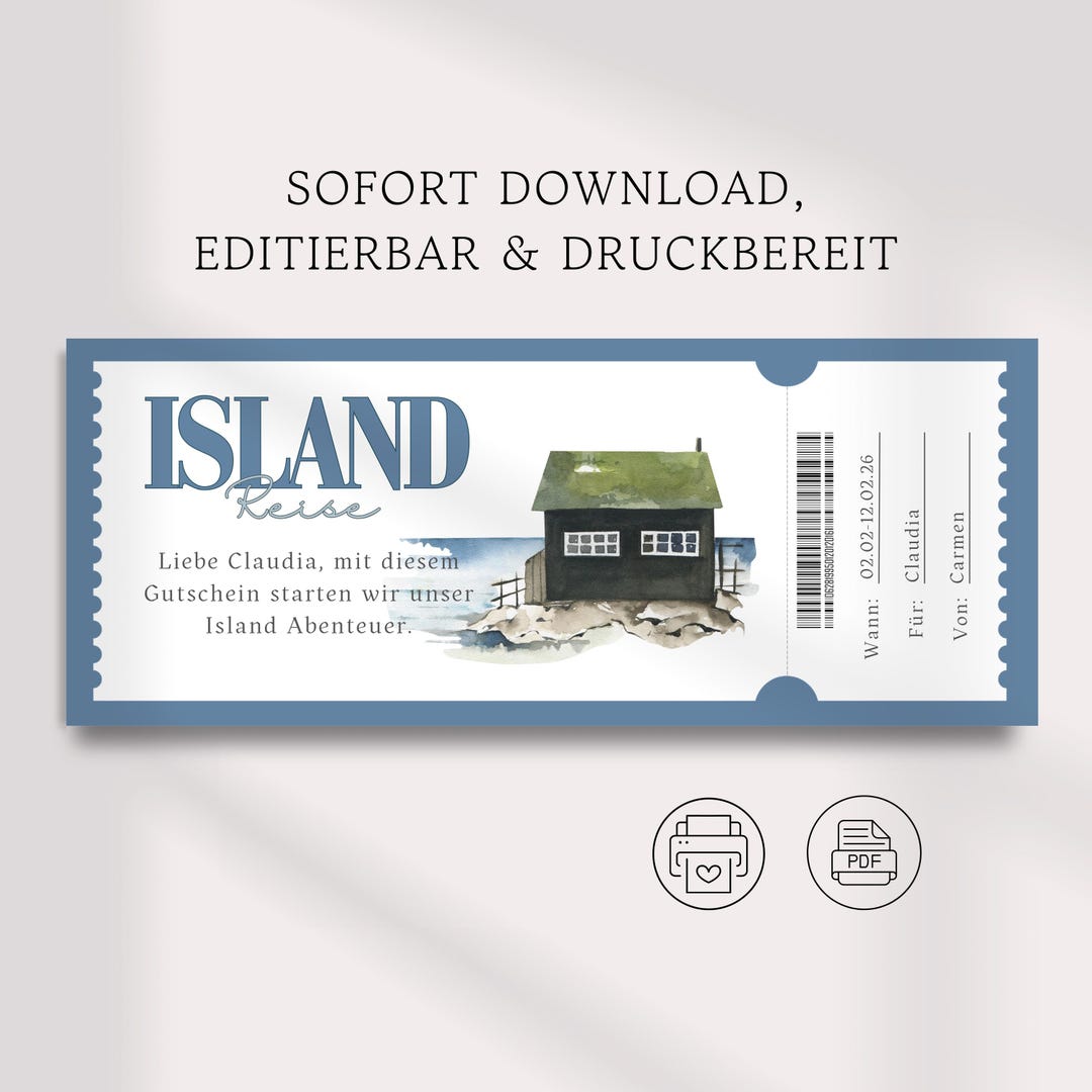 Iceland Travel Voucher Ticket Template, Personalizable Printable Gift ...