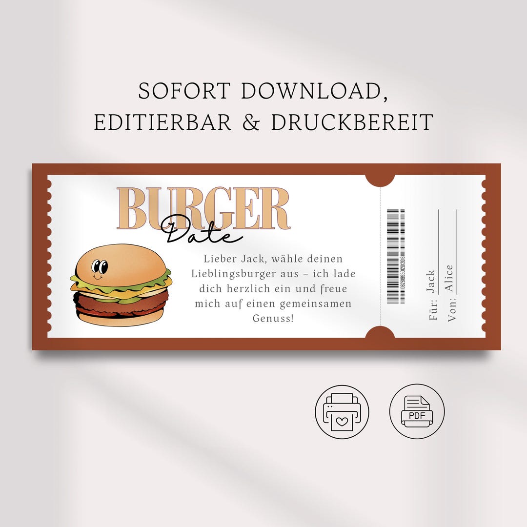 Burger Date Voucher Ticket Template, Personalizable Printable Gift ...